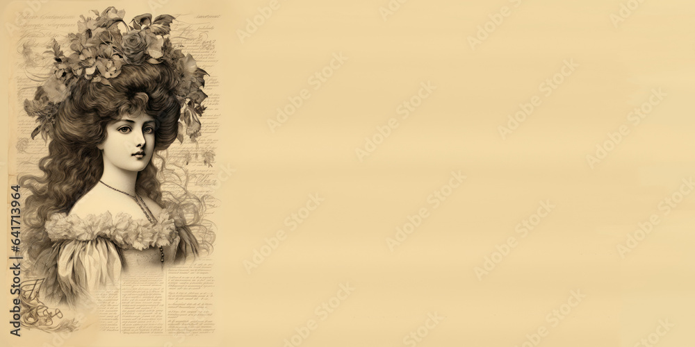 Engraved vintage old-style historical portrait of a beautiful young ...