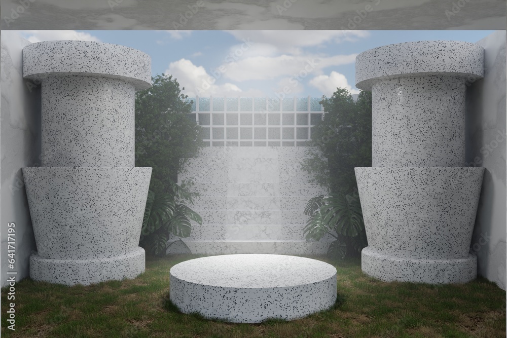 Dark interior concentrate room with fog and mist. industrial wall and ...