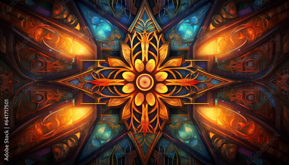 Vibrant ancient mandala art adorns the wall with legendary colors ...