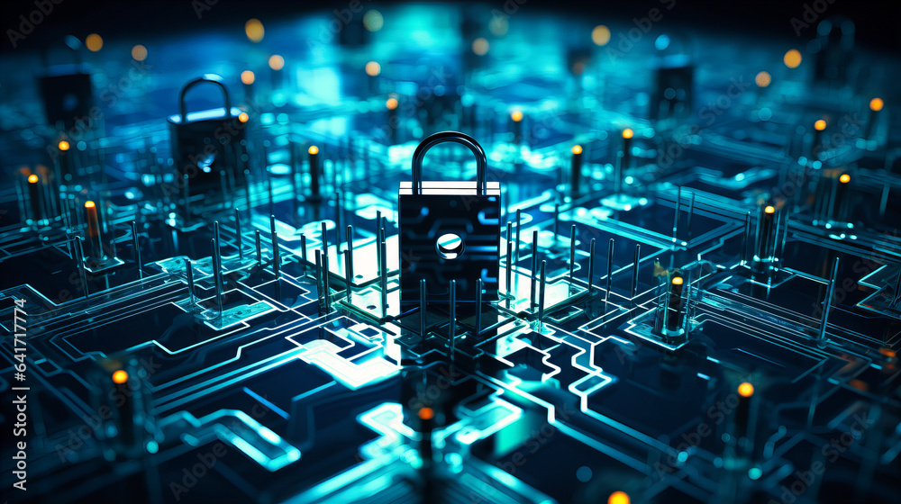 A vast matrix of interconnected nodes, with a central padlock pulsating ...