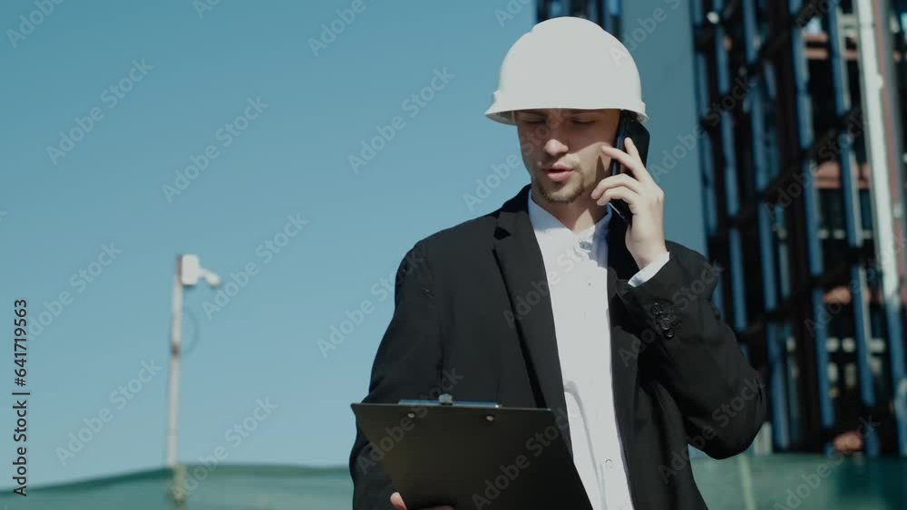 Male civil engineer contractor in safety helmet and jacket standing on ...