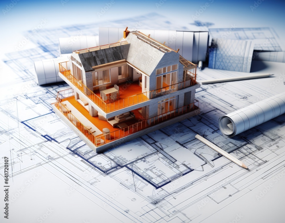 Residential project illustration of a house, construction and ...