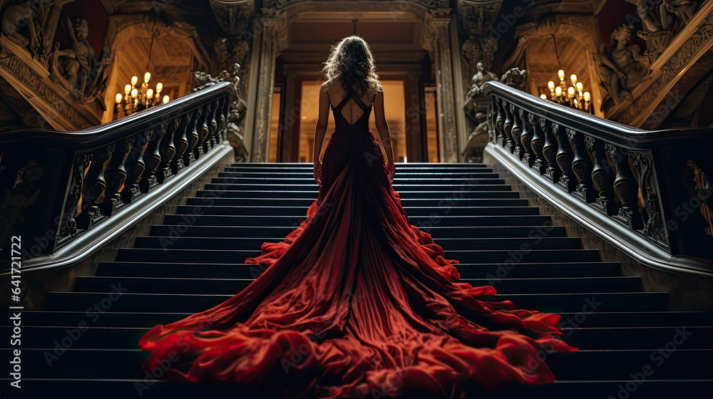 Dramatic portrayal of a model descending a grand staircase, her velvet ...