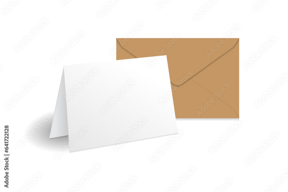 White standing greeting card and brown kraft paper envelope mockup ...