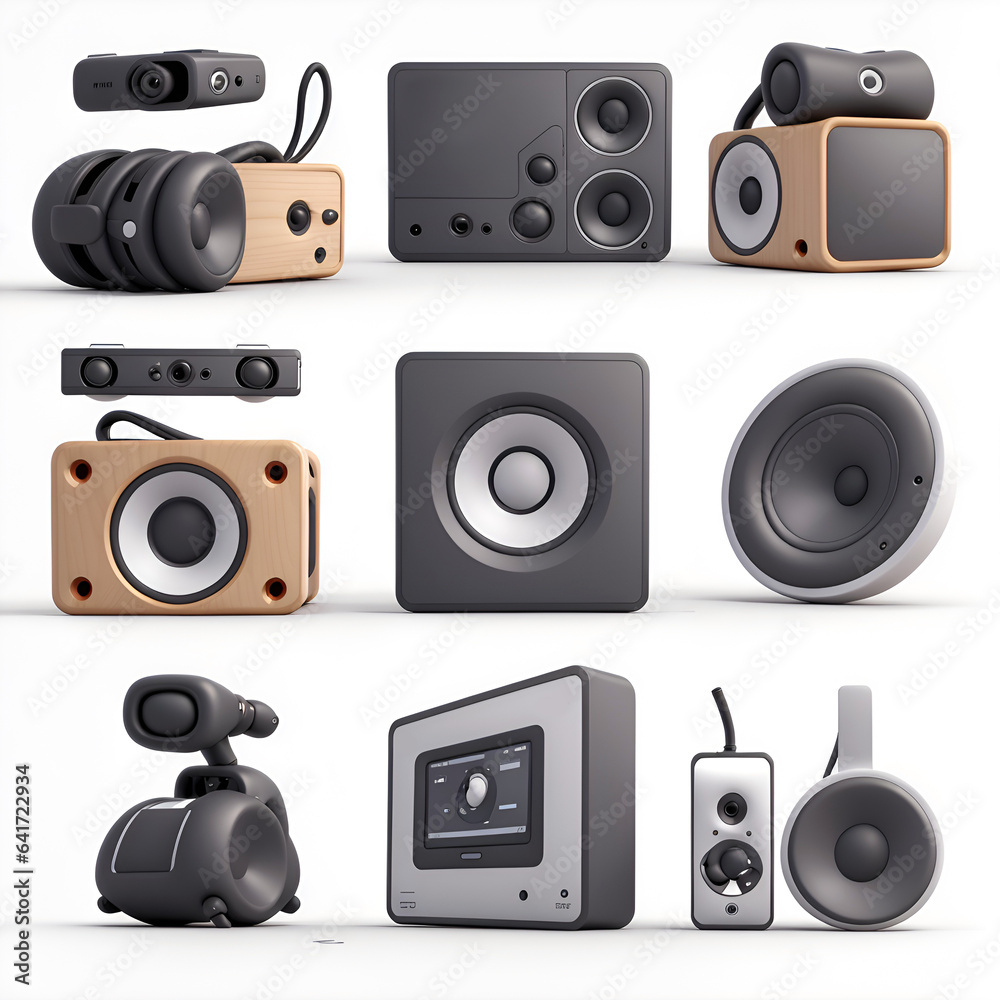Set of realistic speakers of various size and center audio device ...
