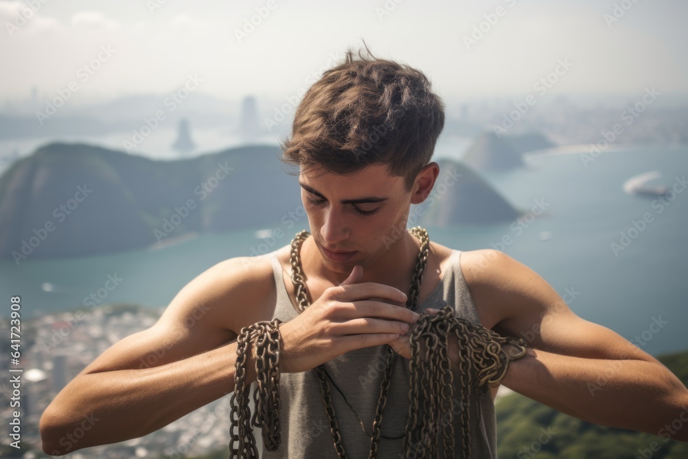 Lifestyle portrait photography of a blissful boy in his 20s dusting off ...