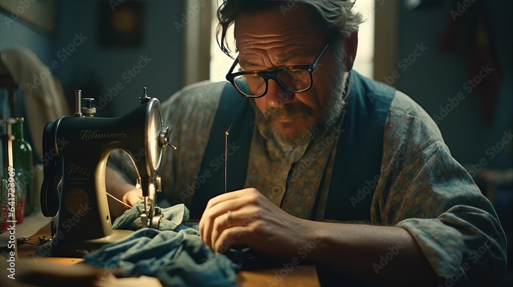 Professional male seamstress at work. Serious middle-aged man work a ...