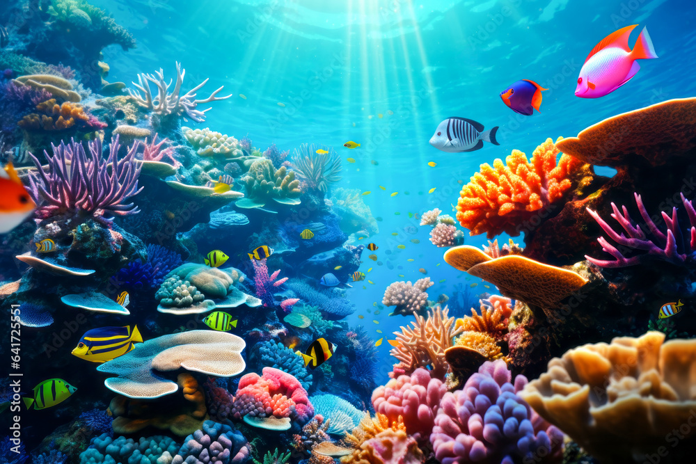 Amazing underwater scenery with various types of colorful fish, corals ...