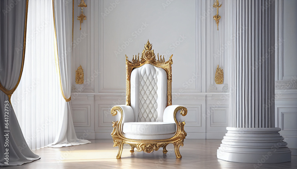 The Throne Room with Gold royal chair on a white background of white ...