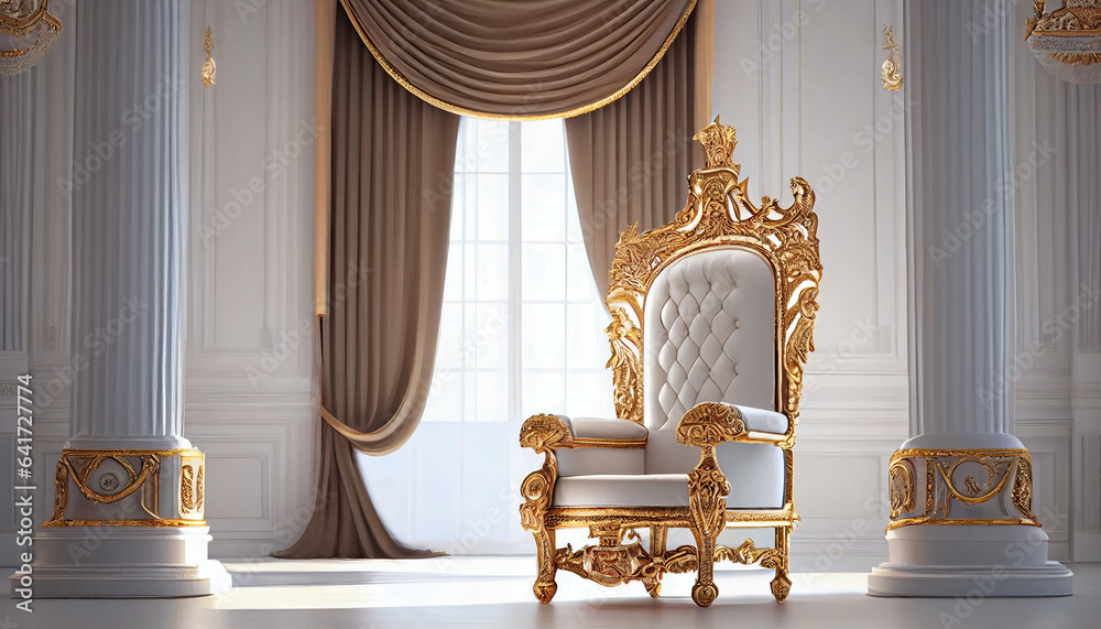The Throne Room with Gold royal chair on a white background of white ...