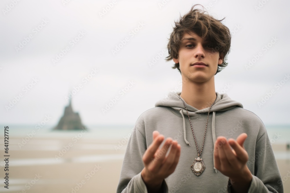 Close-up portrait photography of a merry boy in his 20s holding hands ...