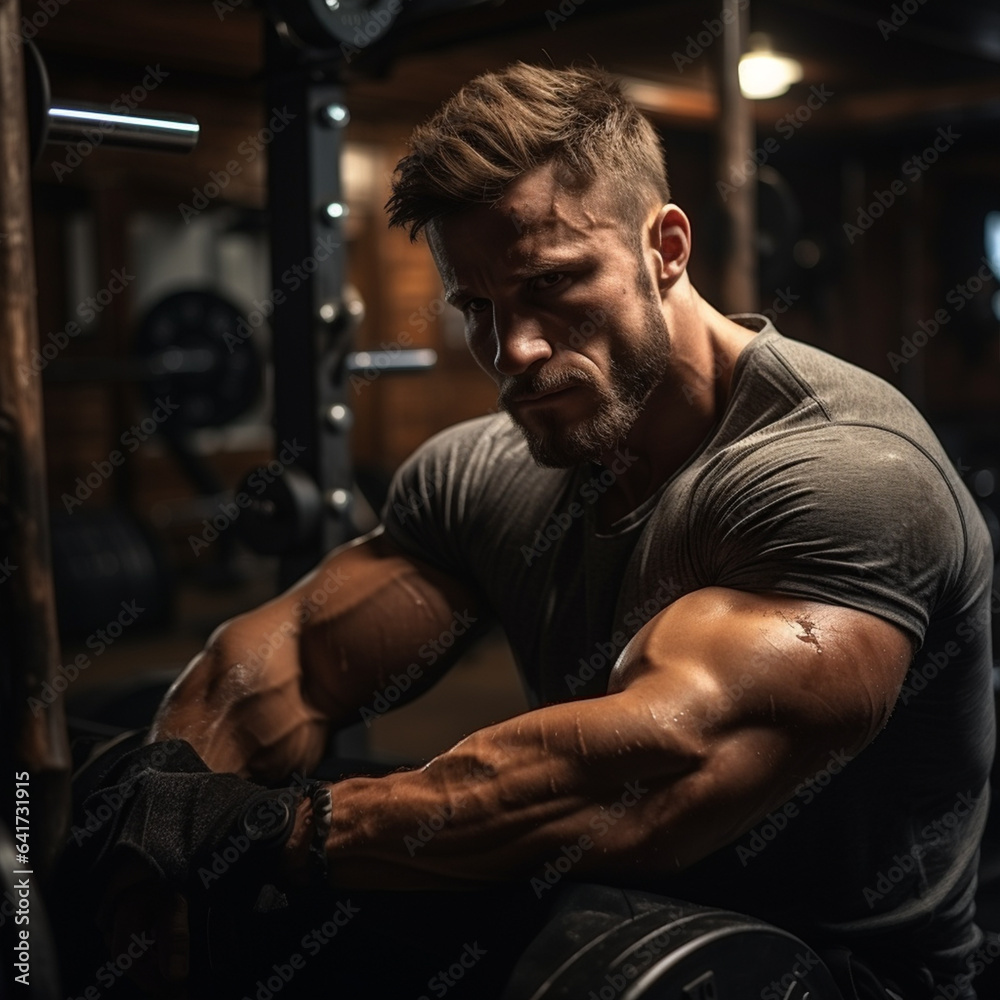 Athlete muscular bodybuilder man demonstrates his muscles in the gym ...
