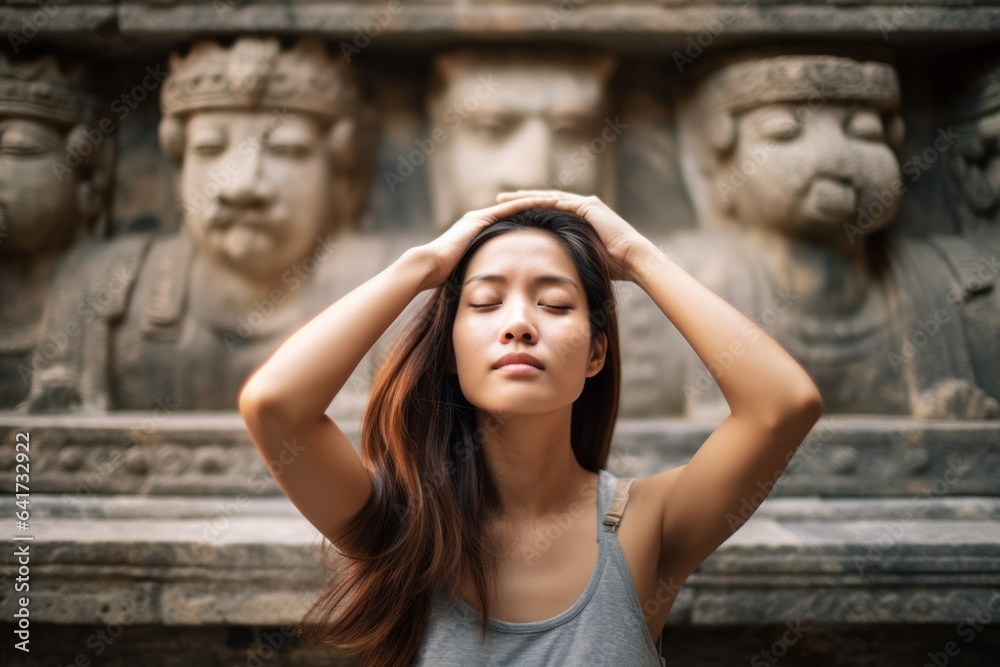 Headshot portrait photography of a blissful girl in her 30s doing a ...
