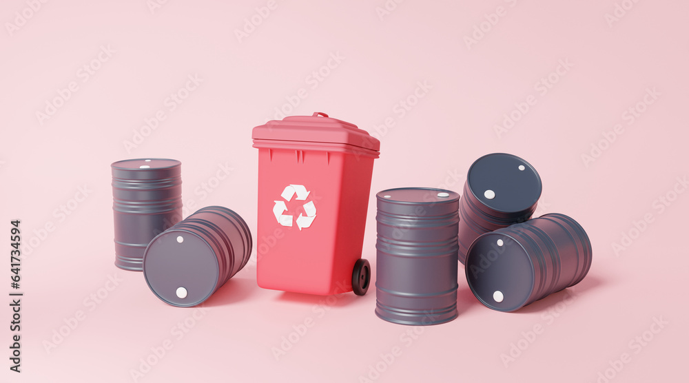 Trash red symbol with oil barrels on pink background. environmental ...