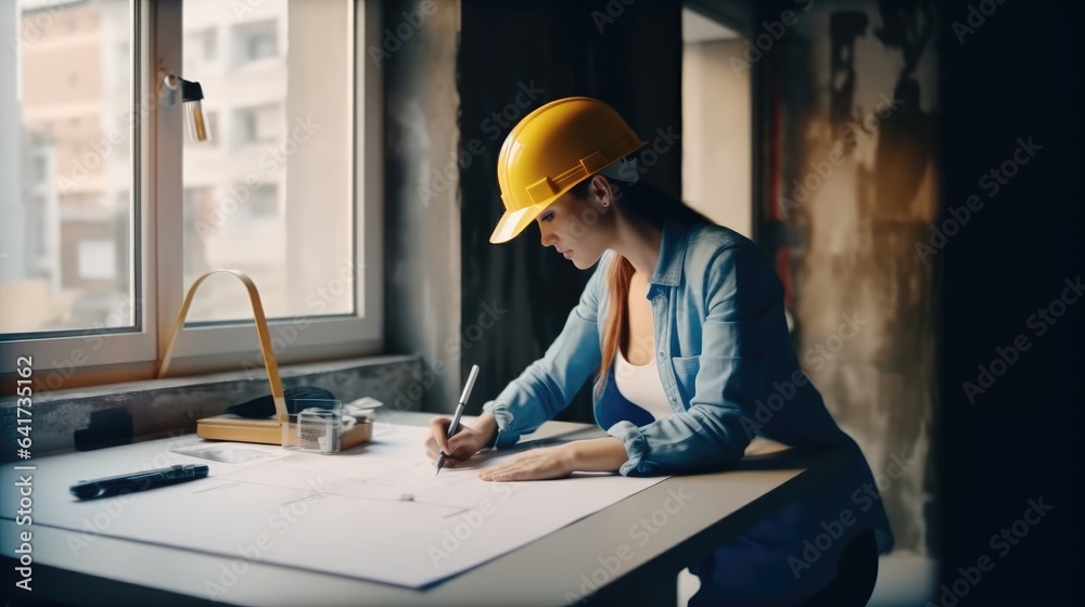 Architect woman are planning new construction with blueprint at ...