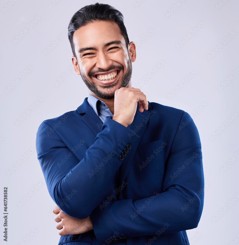 Happy, studio portrait or professional man, real estate agent or Asian ...