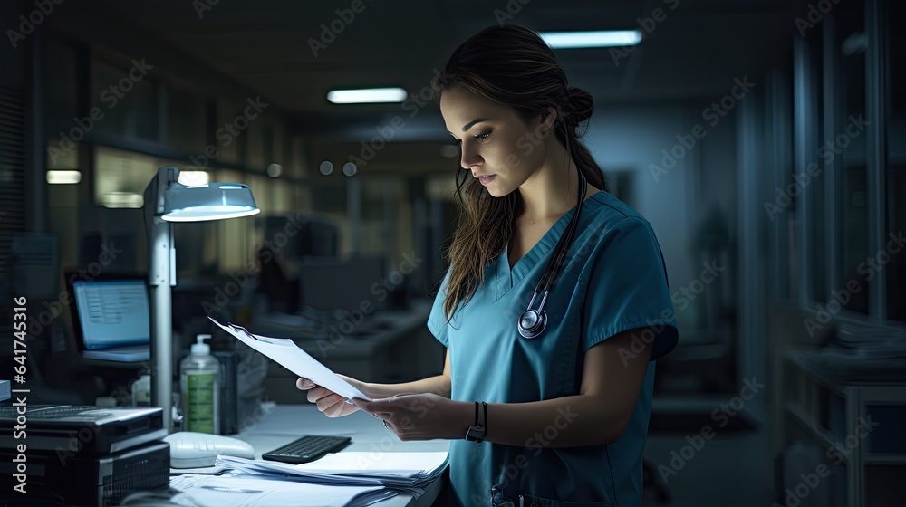 A dedicated nurse reviewing patient charts under the dimmed lights of a ...