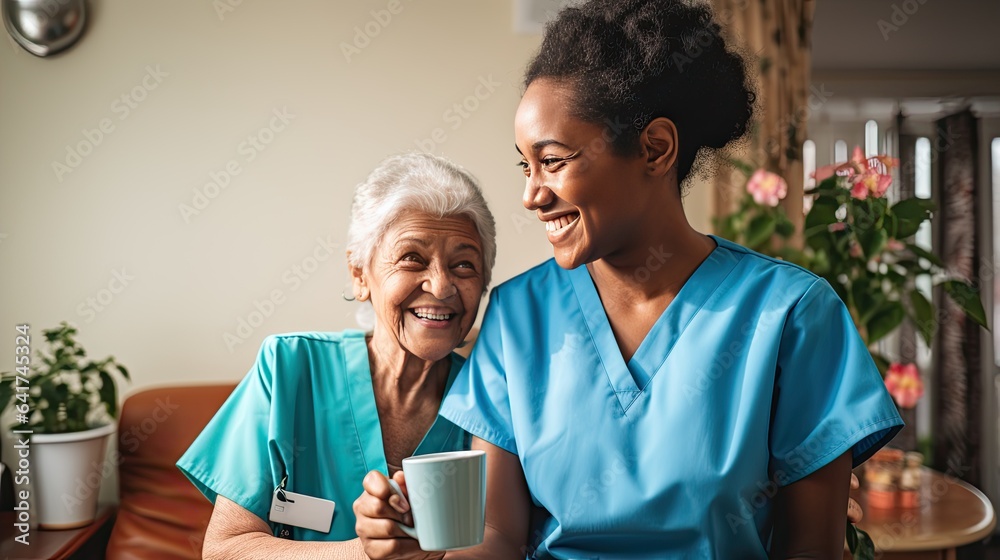 A smiling nurse offering a cup of water to a recovering patient ...