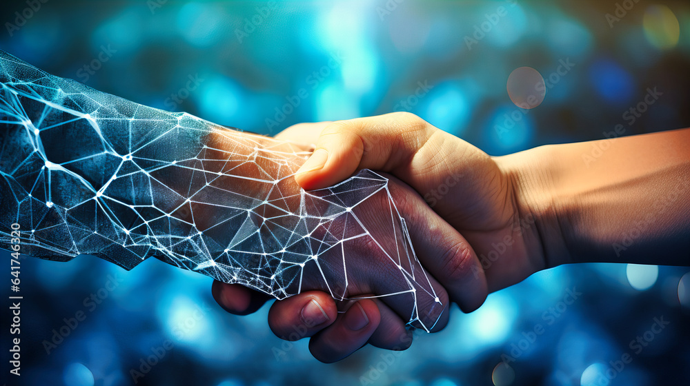 Two hands reaching out for a handshake, their digital imprints merging ...