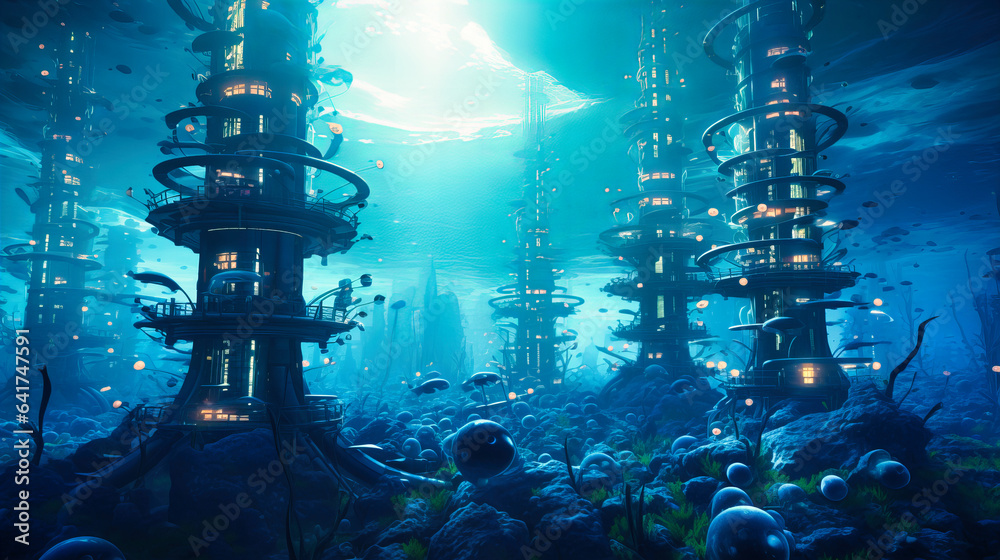 An undersea scene showcasing marine turbines and underwater energy ...