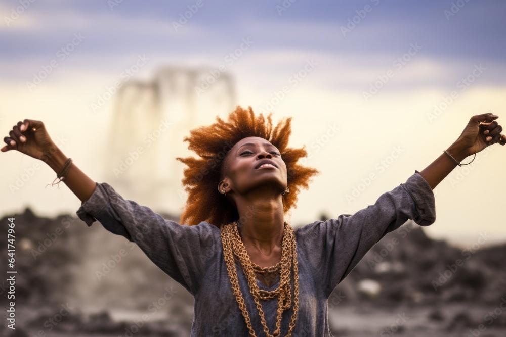 Conceptual portrait photography of a merry girl in her 30s saluting ...