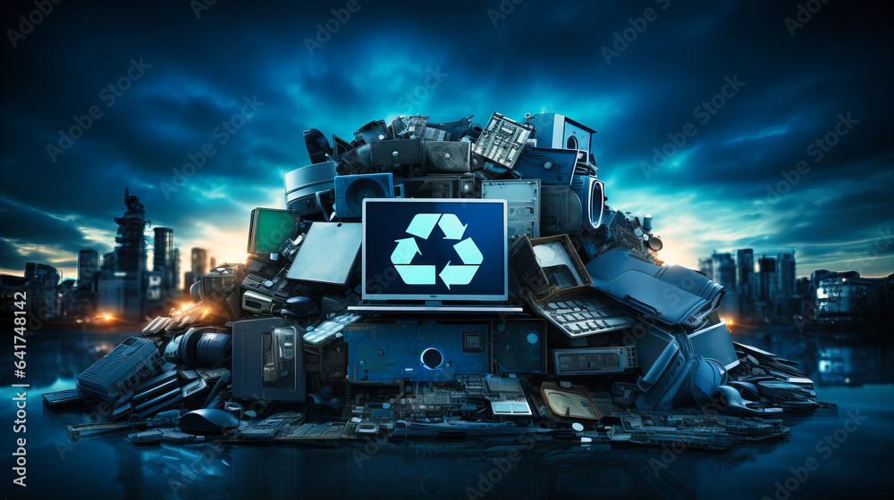 A digital recycle symbol with various tech waste items morphing into ...