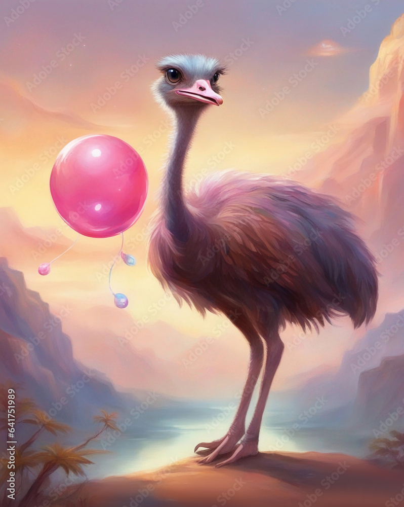 Illustrative drawing of an ostrich with pink balls. Generative AI ...