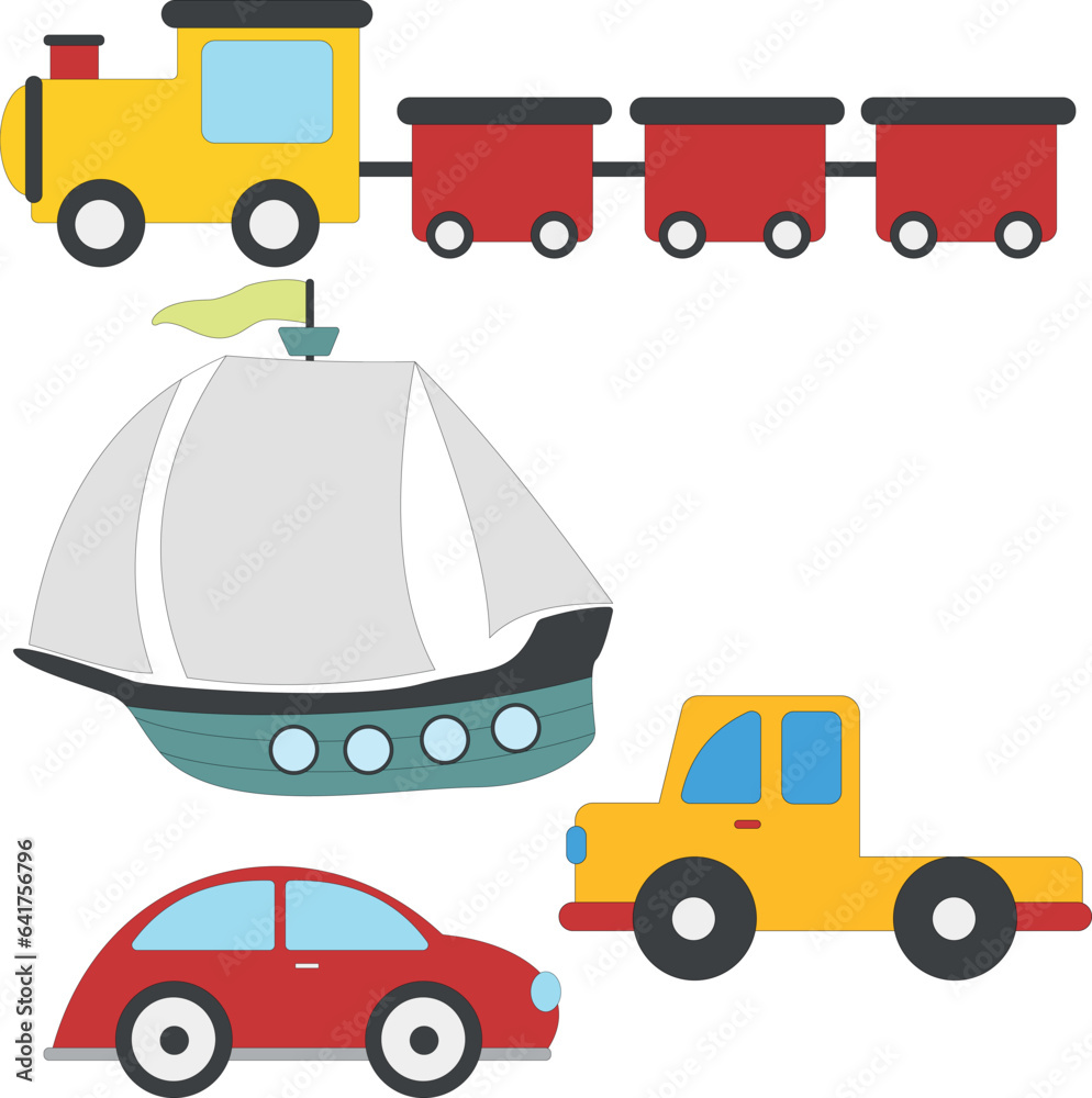 colorful doodle transportation clipart set in cartoon style for kids ...