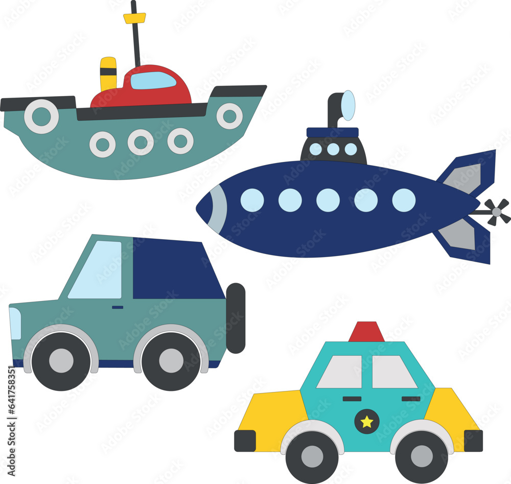 colorful adorable transportation clipart set in cartoon style for kids ...