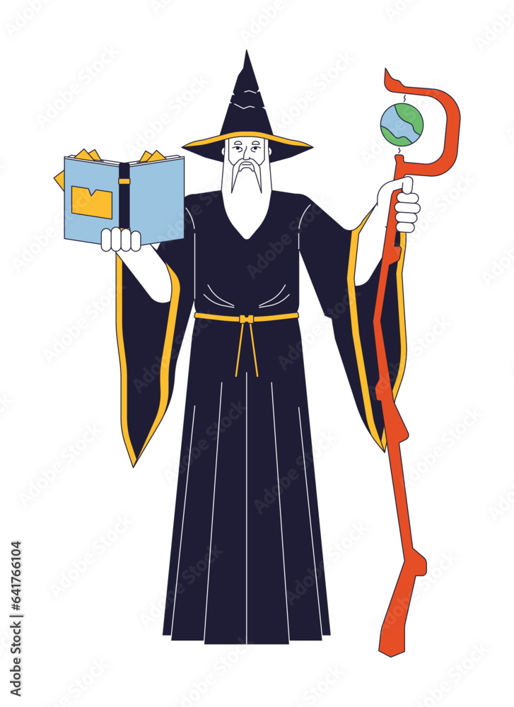 Mysterious wizard flat line color vector character. Old man reading ...