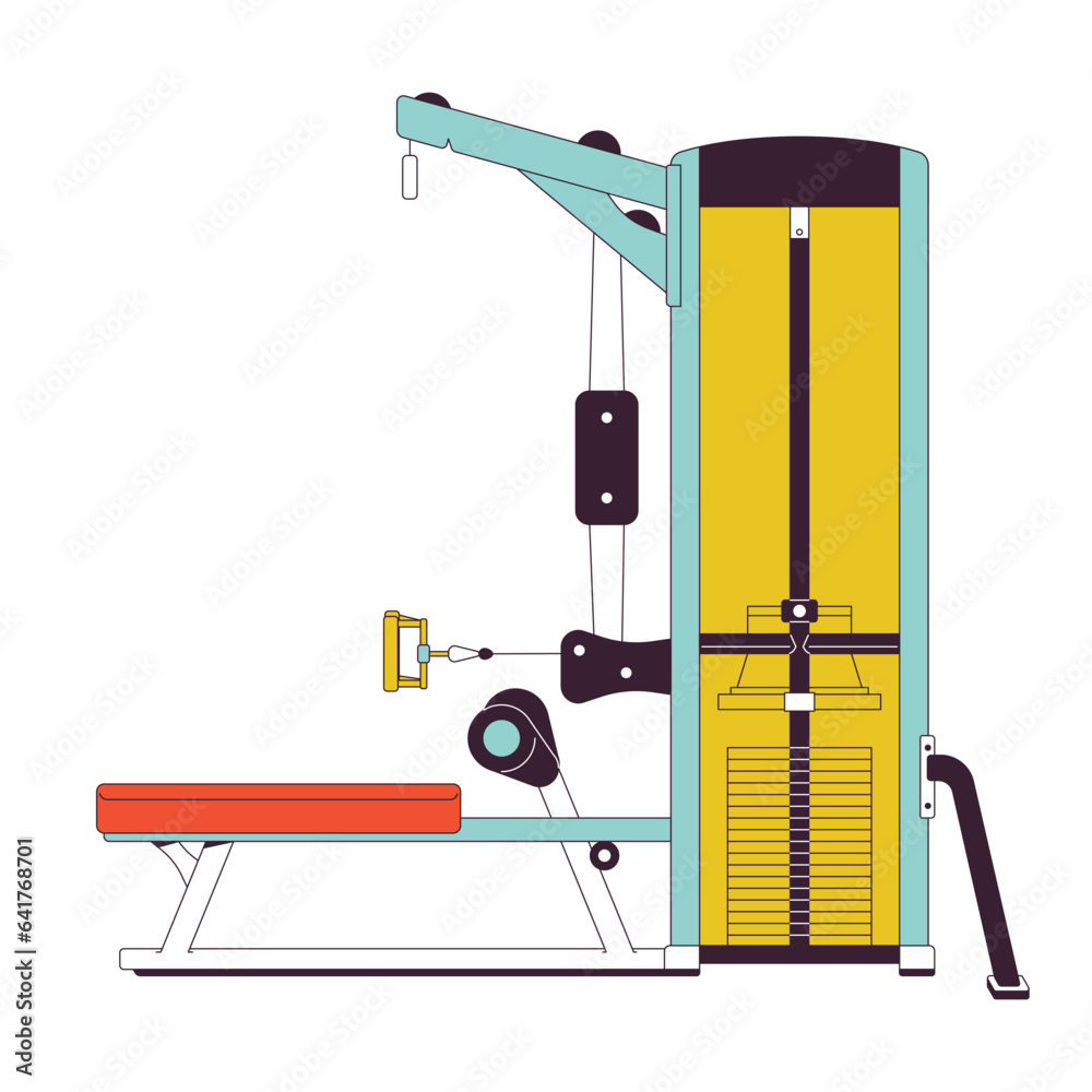 Seated cable row machine flat line color isolated vector object. Gym ...