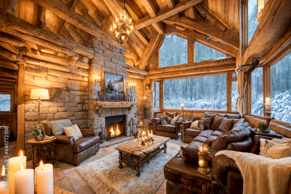 Grand salon d'un chalet luxueux en bois avec une cheminée dans une ...