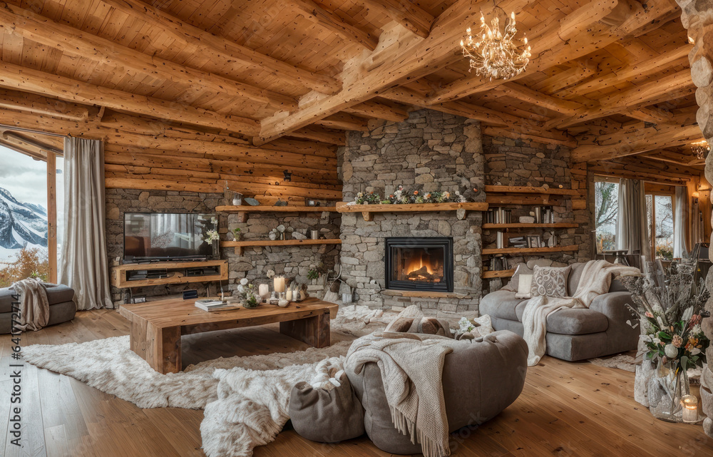 Ambiance chaleureuse dans le salon d'un chalet luxueux en bois et ...