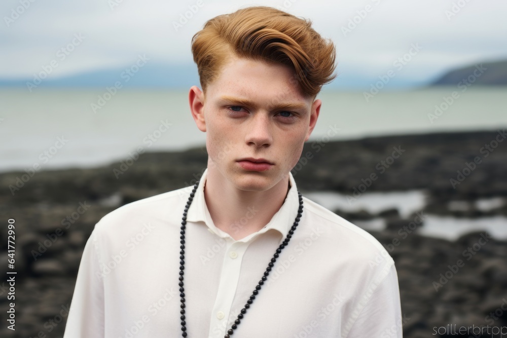Studio portrait photography of a tender boy in his 20s wearing a chic ...