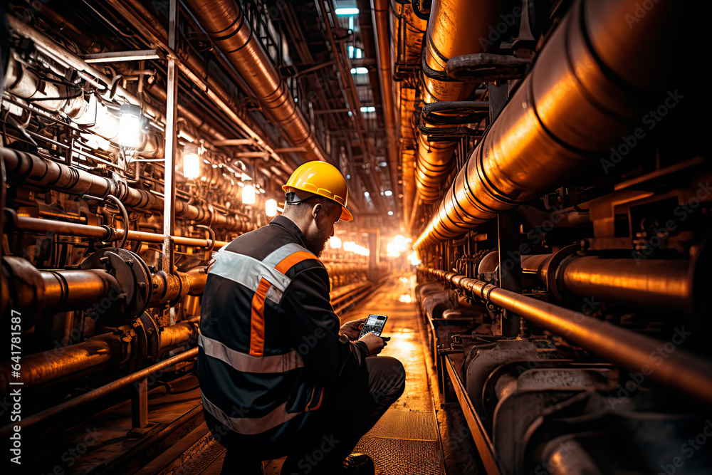 Male worker inspection at steel long pipes and pipe elbow in station ...