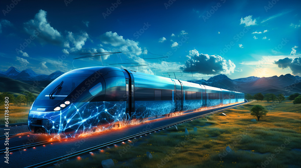 A high-speed digital train traveling through a landscape of ...