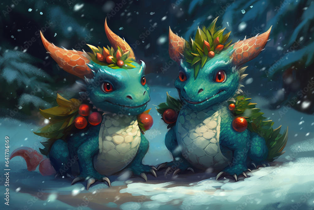 Illustration of Cute little baby dragon with big eyes in winter landscape. Fantasy monster in ...
