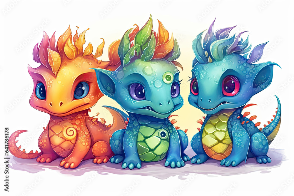 Illustration of three Cute little baby dragons with big eyes. Fantasy ...