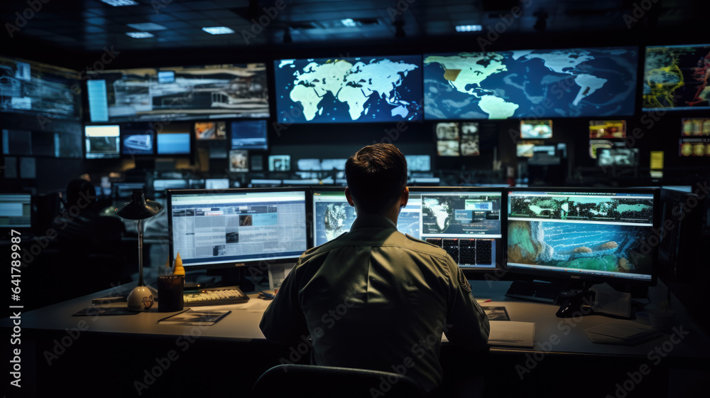 An officer sits in a military command center and monitors data on ...