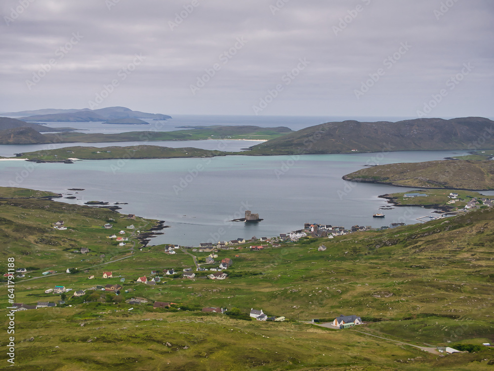 The village of Castlebay on the island of Barra in the Outer Hebrides ...