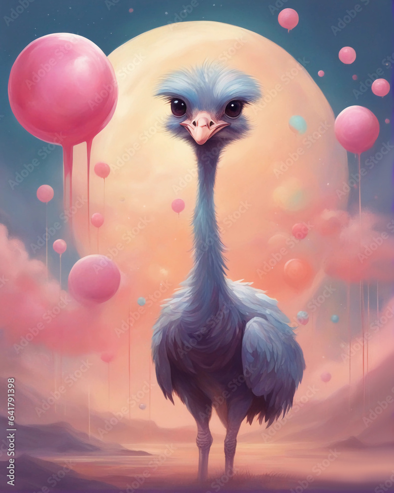Illustrative drawing of an ostrich with pink balls. Generative AI ...