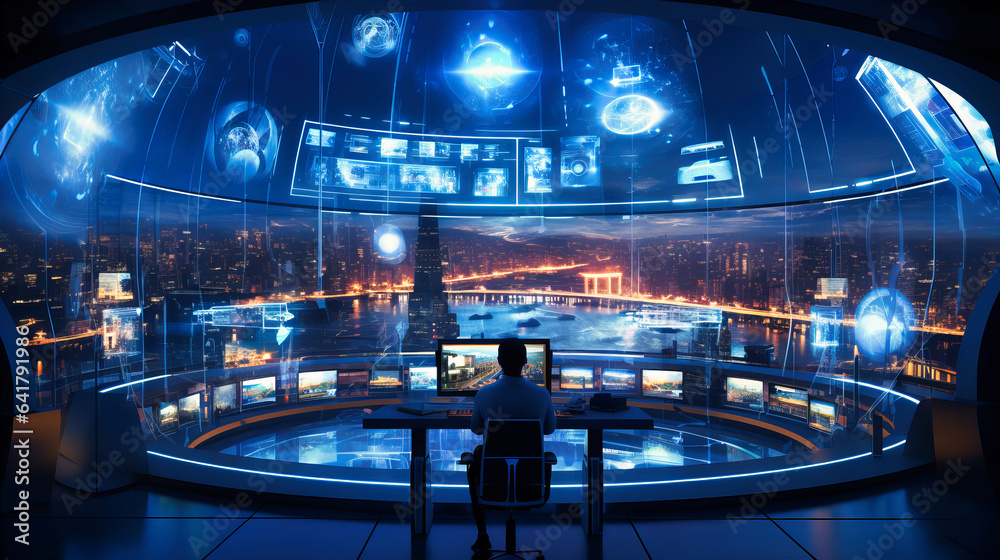 A futuristic command center where virtual assistants orchestrate a ...