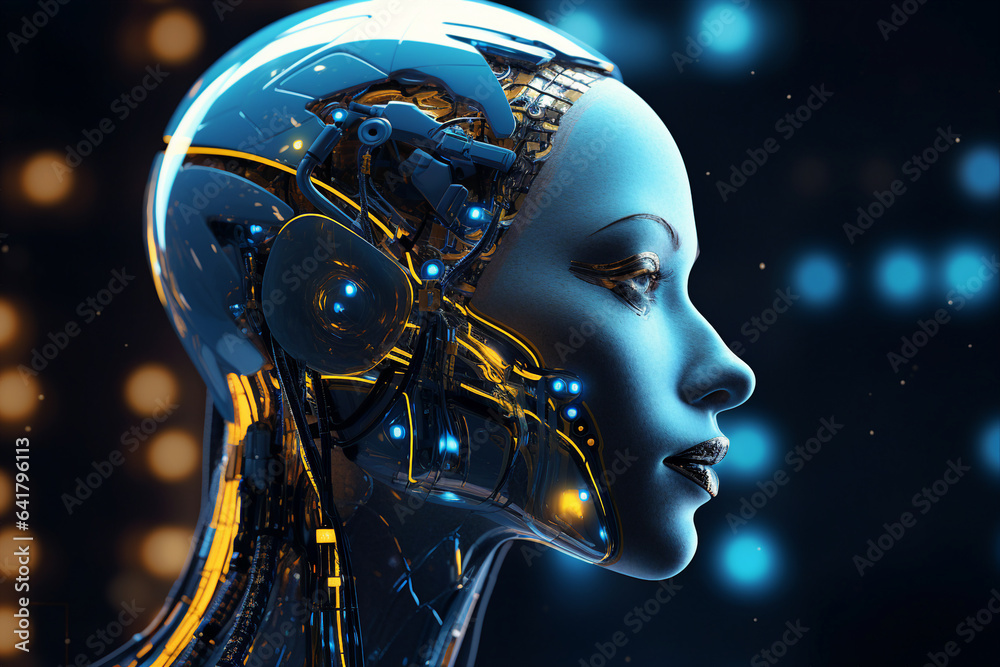 Generative ai collage of female humanoid robot invention on dark black background Stock-Foto ...