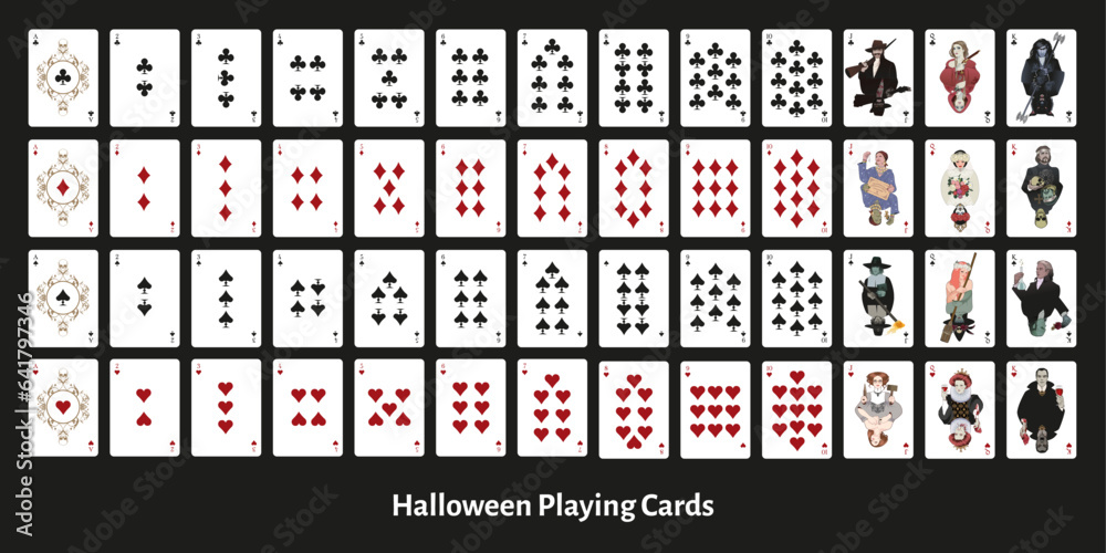 Complete poker of playing cards inspired by Halloween. Mythical ...