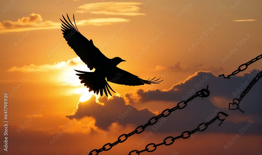 Silhouette of bird flying thorough broken chains at sunset sky ...