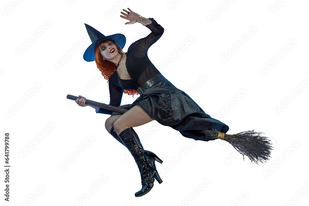 Halloween Witch flying on a broomstick. Female wizard fairy character ...