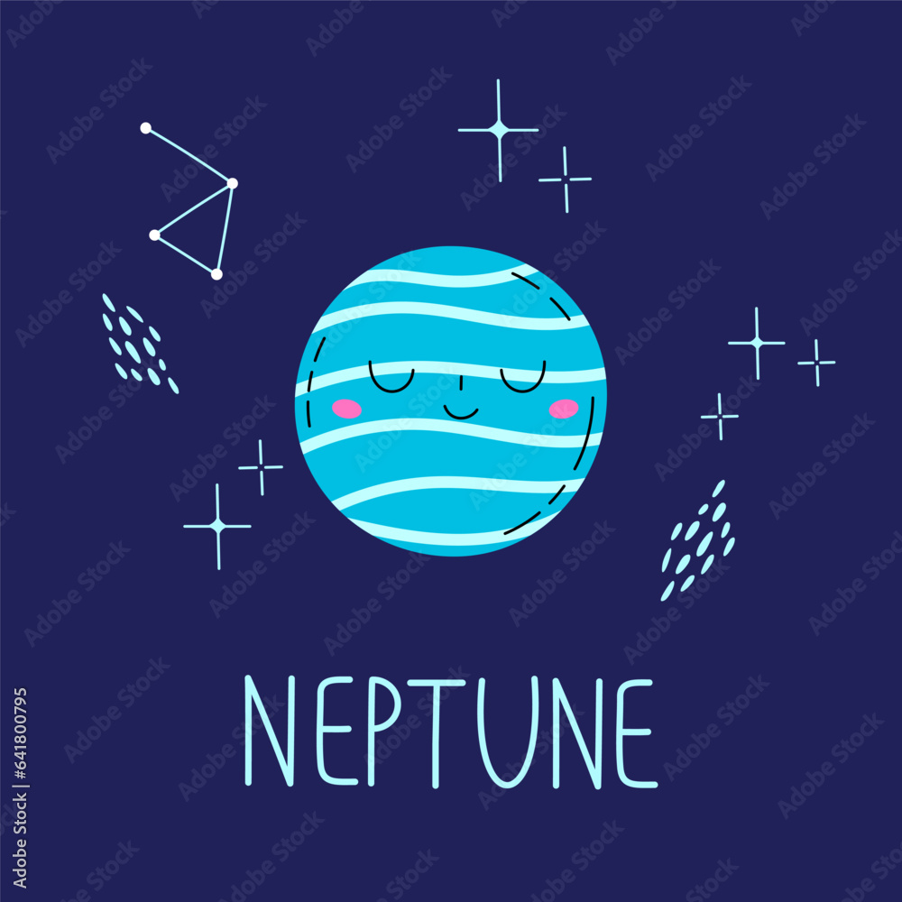 The Planet with name Neptune. Cute celestial body with smiling face at ...