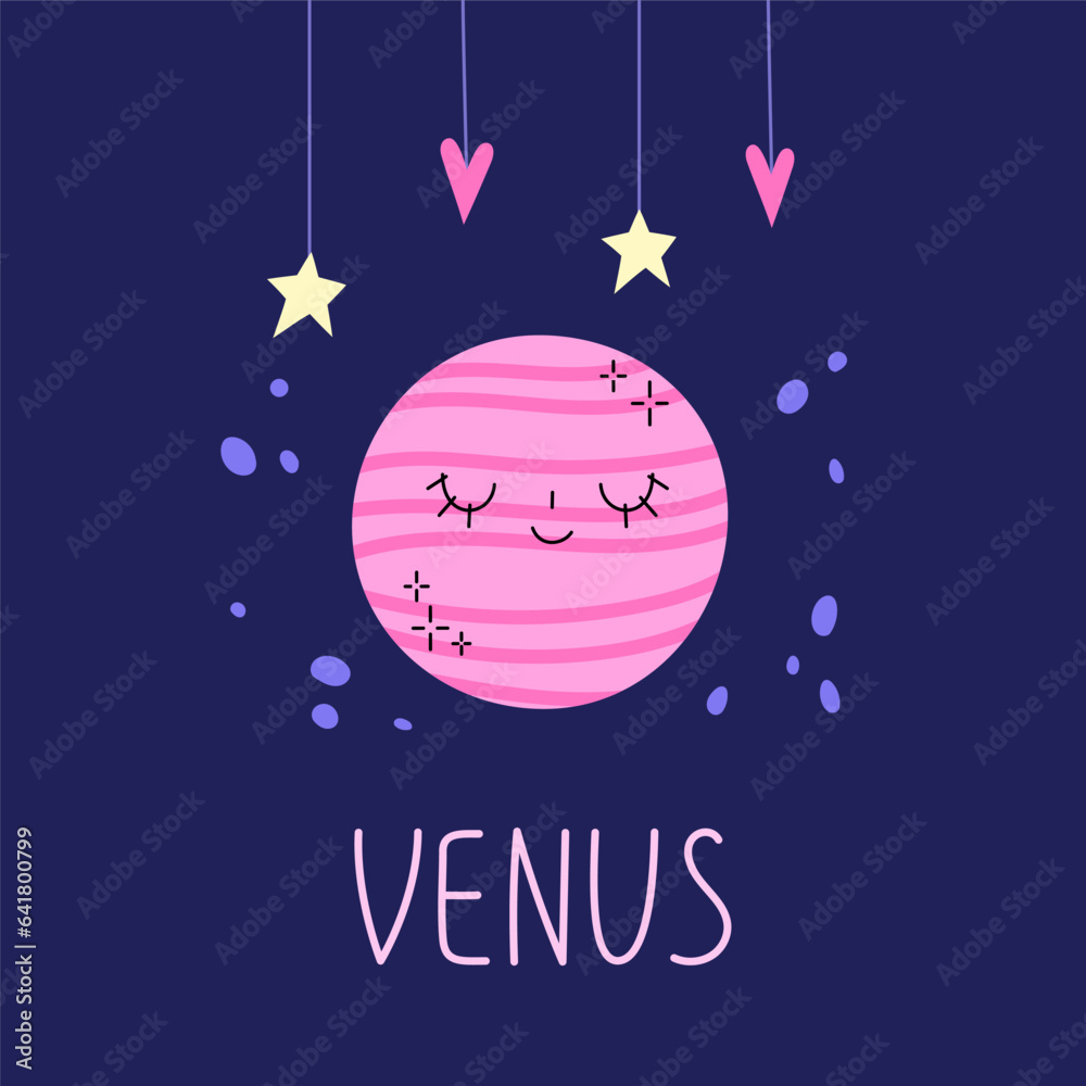 The Planet with name Venus. Cute celestial body with smiling face at ...