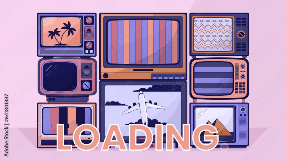 Vintage tv stack line 2D loading animation. Old television set with ...