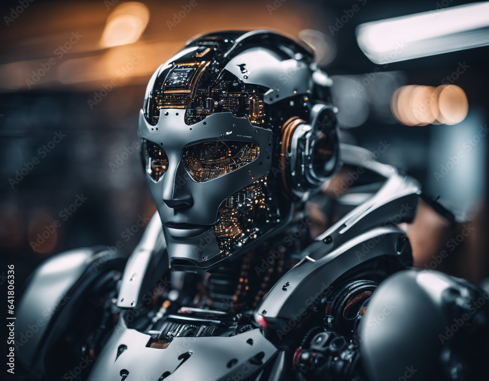 a robot with a head made of metal parts and a circuit board on its face ...